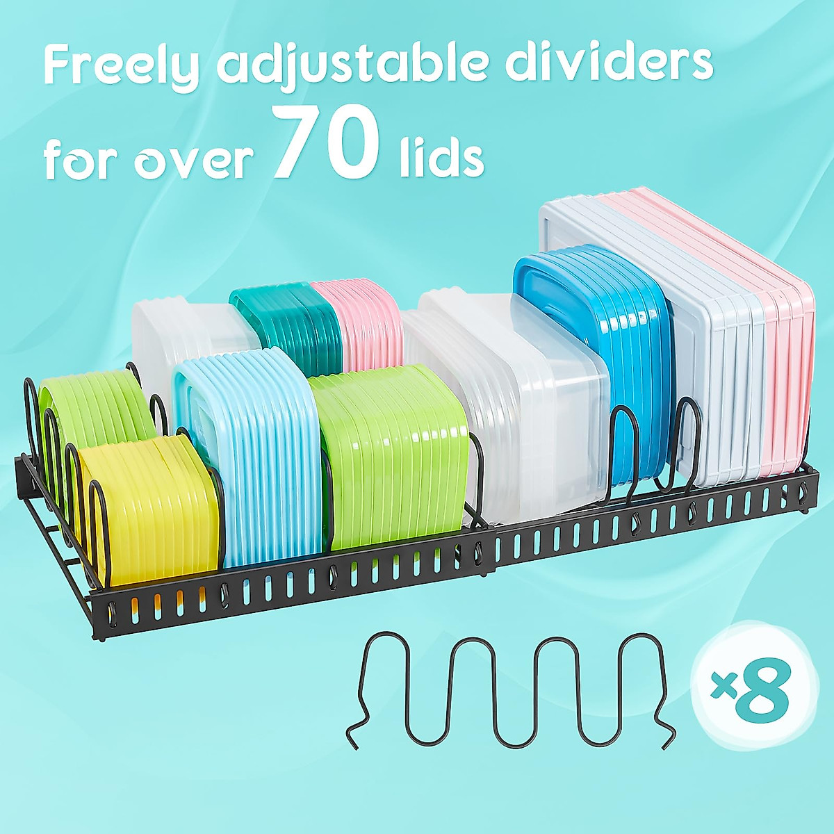 Expandable Food Container Lid Organizer,Large Capacity Adjustable 10 Dividers Detachable Lid Organizer Rack for Cabinets, Cupboards, Pantry Shelves, Drawers to Keep Kitchen Tidy,Black(Patent Pending)