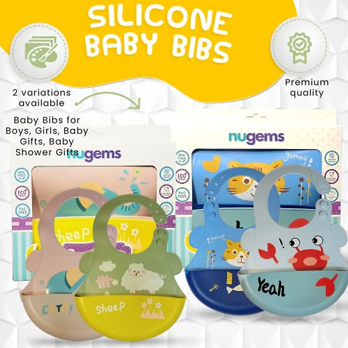 NUGEMS Silicone Baby Bibs for Babies & Toddlers (6-72 months) Silicone Bibs for Boy, Girls, Baby Gifts, Baby Shower Gifts 2 Pack(Pink and Yellow)