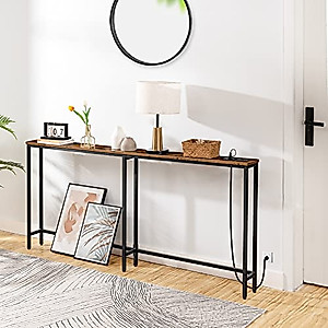 HOOBRO 5.9" Skinny Console Table with Charging Station, 70.9" Narrow Sofa Table with Power Outlets, Long Behind Couch Table, Slim Entryway Table for Hallway, Living Room, Rustic Brown BF185UXG01