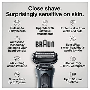 Braun Electric Shaver for Sensitive Skin, Wet & Dry Shave, Series 6 6075cc, With Beard Trimmer, Clean & Charge SmartCare Center, and Leather Travel Case, Rechargeable, Black
