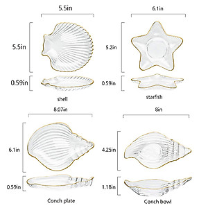 Kelendle Clear Dessert Plate Glass Salad Bowls Decorative Ocean Conch Jewelry Tray Ring Dish Ring Holder Golden Tray for Salad Fruit Vegetable Biscuit Wedding Valentine's Day Gift (Conch bowl)