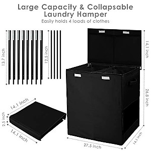 HOUSE AGAIN Double Laundry Hamper with Lid and Removable Laundry Bags, 160L, 2 Divider Dirty Clothes Hamper with Handles for Bedroom, Dorm, Foldable Laundry Basket Organizer, Dual hamper (Black)