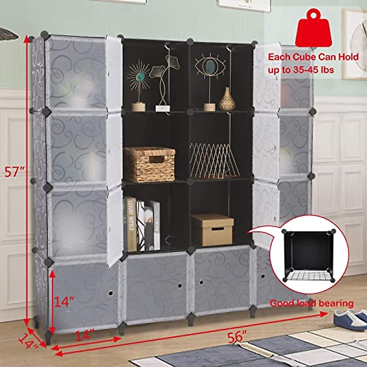 VINGLI Portable Storage Cubes-14 x14 Cube (16 Cubes)-More Stable (add Metal Panel) Cube Shelves, Modular Bookshelf Units, Clothes Cube Storage Shelves, Room Organizer for Cubby Cube