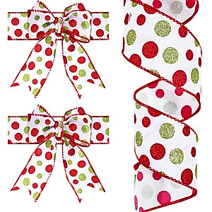 2 Rolls Christmas Ribbons Polka Dot Ribbon Wired Glitter Christmas Wired Ribbons Burlap Decorative Ribbons for DIY Craft Wreath Bows (Green, Red, 2.5 Inch x 6 Yard Per Roll)