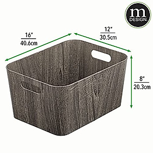 mDesign Wood Print Food Bin Box with Handles - Rustic Basket for Kitchen and Pantry Vegetable and Potato Storage - Perfect for Garlic, Onions, Fruit, and More - 16" Long - 4 Pack - Black