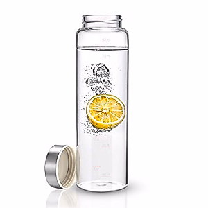 Sursip 32 oz Glass Water Bottle - Nylon Bottle Protection Sleeves, Stainless steel Lid, And 1L Time Marked Measurements, Reusable, Eco-Friendly, Safe for Hot Liquids Tea Coffee Daily