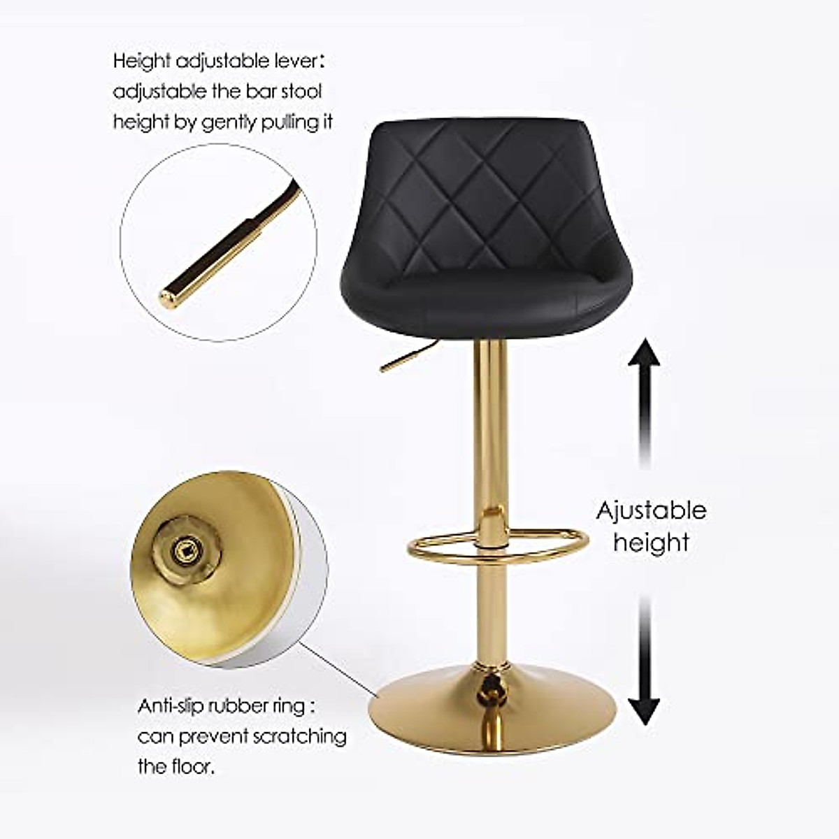 Chummaven Black PU Leather Swivel Counter Height Bar Stools, Adjustable Bar Chairs Set of 2, Modern Barstools Lift Stools with Mid Back and Gold Footrest for Kitchen Pub Dining Room Counter