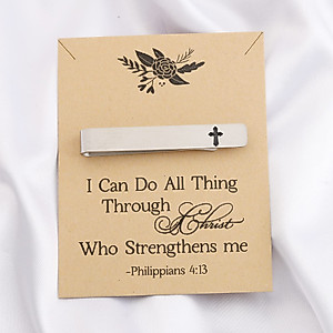 BEKECH Cross Tie Clips for Men Christian Faith Gift Philippians 4:13 First Communion Tie Tacks for Minister Clergy Officiant Groom Father of the Bride Wedding Day Tie Clip, S, Stainless Steel, /na