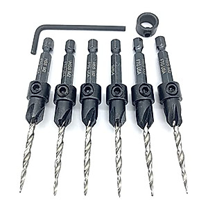 FTG USA Countersink Drill Bit Set 6 Pc #6 (9/64") Wood Countersink Drill Bit Pro Pack Countersink Set, Tapered Countersink Bit, 1 Stop Collar, Hex Wrench, Woodworking Countersink Drill Bits