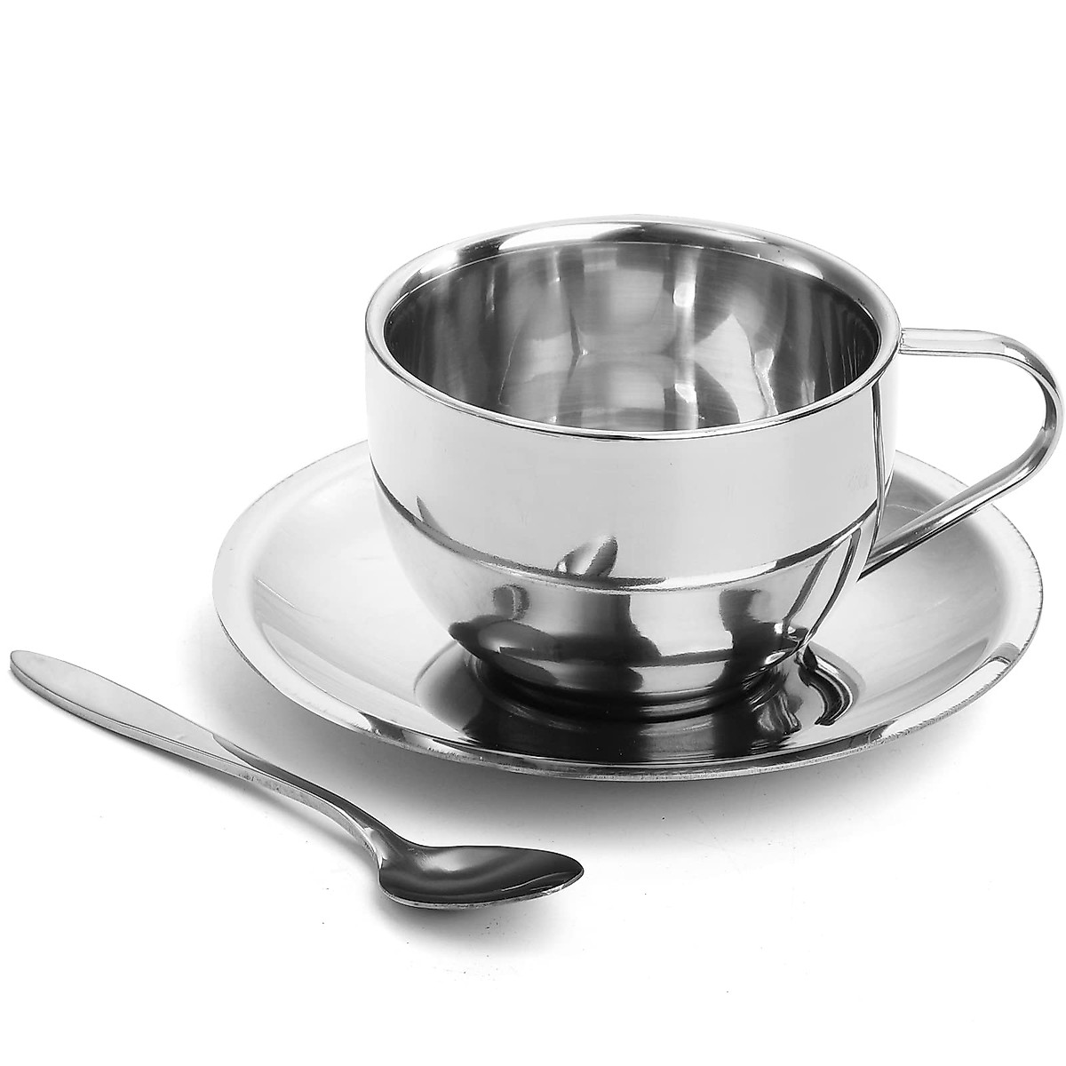 Okllen 4 Pack Stainless Steel Coffee Cup Set, 6 Oz Coffee Mugs with Spoon and Saucer, Double Walled Espresso Cups Mugs for Coffee, Latte,Tea, Milk