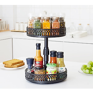 Y&M 2 Tier Lazy Susan Turntable, Height Adjustable Spice Organizer, 9.5” & 10” Round Metal Rotating Spice Rack, Spice Jars Storage Holder for Snack Pantry Cabinet Bathroom Countertop Kitchen - Black