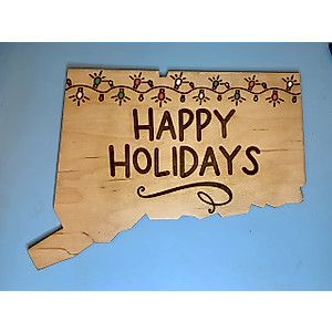 State Shaped Happy Holidays Engraved Maple Wood Sign with Hand Painted Lights for Christmas Decoration