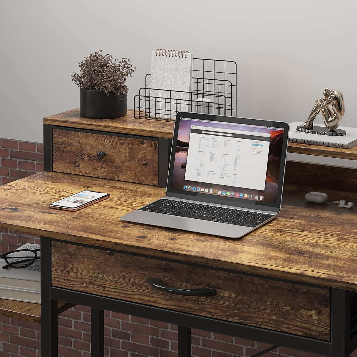 Treesland Computer Desk, 47" Office Desk with Monitor Shelf, Dual Tiers Home Office Gaming Desk with Drawers, Work Desk with Double-Layer Storage Rack, Stable Writing Desk, Rustic Brown