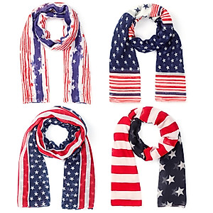 Clysee 4 Pcs Independence Day American Flag Scarf Patriotic Scarf for Women Blue Red White USA Flag Wrap Soft 4th of July Shawl for Gifts