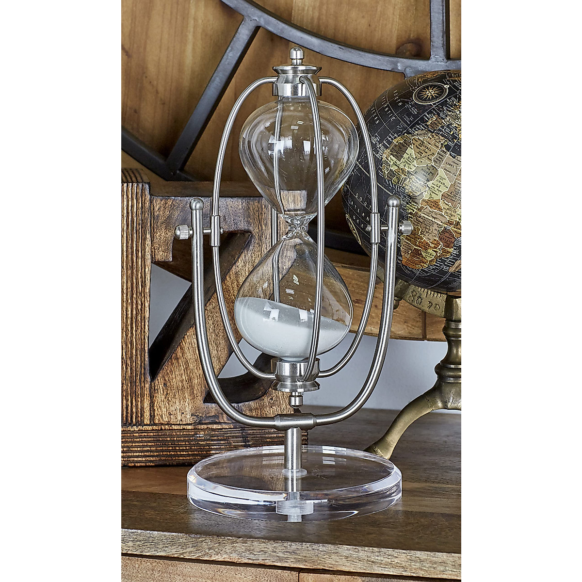 Deco 79 Glam Glass Timer, Acrylic Hourglass Sand Timer with Swiveling Iron Cage, 6" L x 6" W x 12" H, Silver
