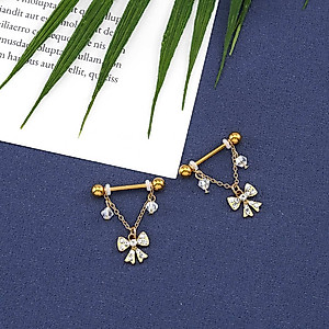 Wriidy Nipple Rings Nipple Piercing 316L Surgical Steel Straight Barbell with Dangly Rhinestone Bowknot 14G Body Piercing Accessory for Women and Girls (2 Pcs)