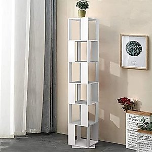 Rotating Bookshelf,6 Tier 360 Floor Standing Revolving Bookcase Storage Rack,Wood Narrow Bookshelf for Small Space,Corner Book Shelf Organizer for Bedroom, Living Room (White)