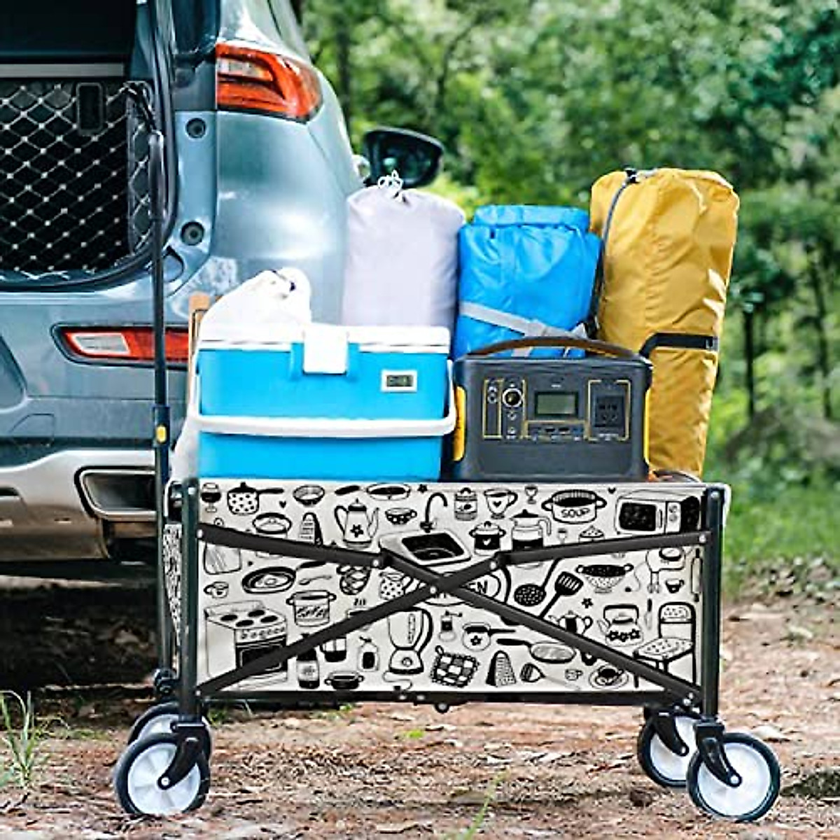 Collapsible Wagon Cart Set of Doodle Kitchen Tools on White Hand Drawn Cooking Icons Set Foldable Utility Wagon Large Capacity Garden Cart with Push Bar for Beach Camp Outdoor Shopping