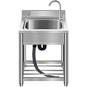 Free Standing Stainless-Steel Single Bowl Commercial Restaurant Kitchen Sink Set w/Faucet, Prep & Utility Washing Hand Basin w/Storage Shelve, laundry tub for Indoor Outdoor (22in)