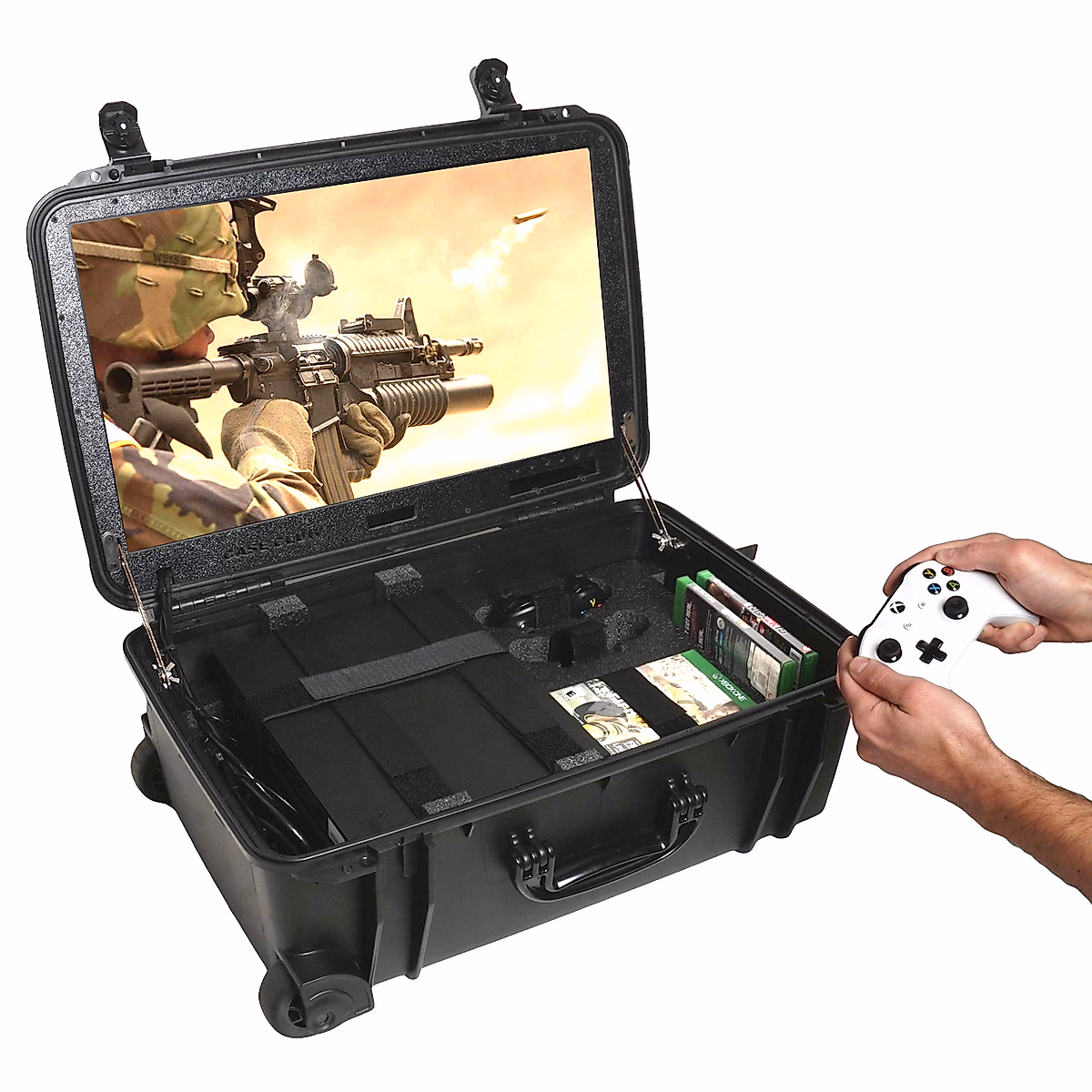 Case Club Gaming Station fits Xbox One X/S. Portable Gaming Station with Built-in 24" 1080p Monitor, Storage for Controllers, Games, and Included Speakers (Xbox & Accessories Not Included)