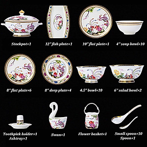 Classic Pottery Tableware,Ceramics Dinnerware Set, High-end Enamel Porcelain Soup Pot/Plate/Bowl | 50 Pieces Bone China Dinner Sets for Family Gathering and Wedding Gifts