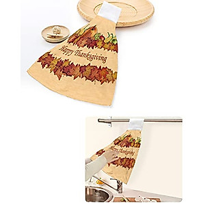 Happy Thanksgiving Orange Kitchen Hanging Towel Hand Towels with Loop, 1 Pack Soft Absorbent Tie Towel for Bathroom Farm Crops Pumpkin and Maple Leaves Tea Bar Dish Cloths Home Cleaning Terry