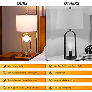 Thirdpolite Modern Table Lamps Set of 2, Touch Bedside Nightstand Lamps with USB Ports and AC Outlet, 3 Way Dimmable Desk Lamps with Fabric Shade for Bedroom, Living Room