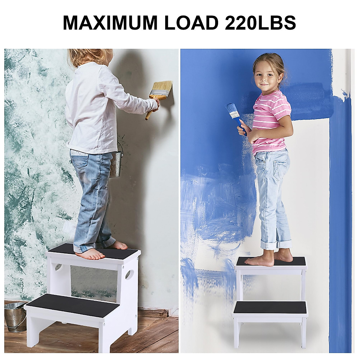 Kids Step Stool White Stepping Stool 2 Step Stools for Toddlers Bathroom Kitchen Counter Sink Wooden Step Stool Portable Baby Childrens Wood Toddler Foot Bed Step Stool Kids Potty Training Stool