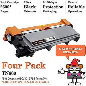 TONERNEEDS TN 660 Toner Cartridge - Black Ink Replacement Cartridges for TN660 & TN630 - High Yield Use - Compatible with Brother Printer HL-L2300D, HL-L2340DW, MFC-L2680W, MFC-L2740DW - (Pack of 4)
