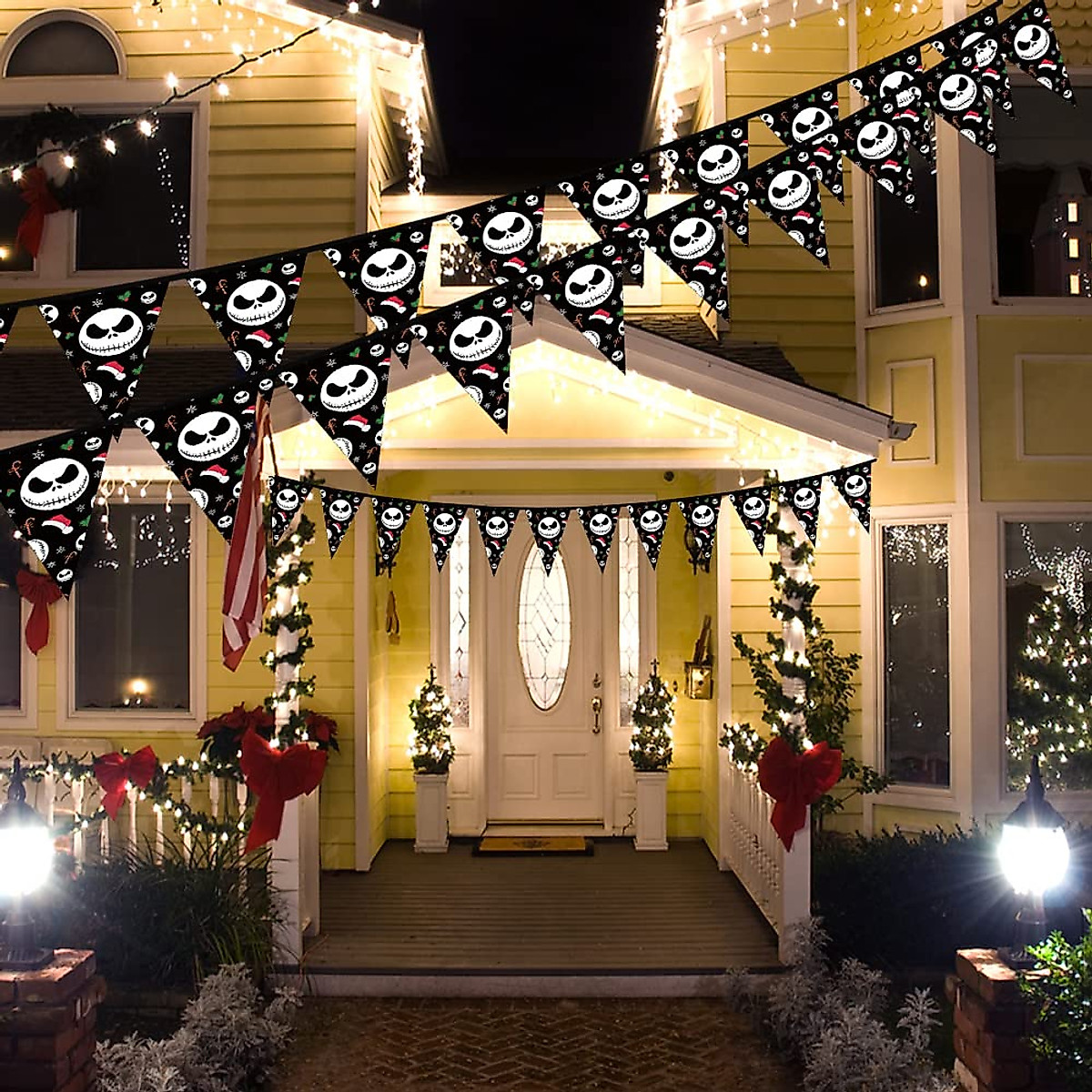 Christmas Bunting Banner Jack Skellington Triangle String Bunting Garland for Christmas Decorations Nightmare Before Christmas Flags Jack Skull Pennants for Halloween Indoor Outdoor Garden Decors