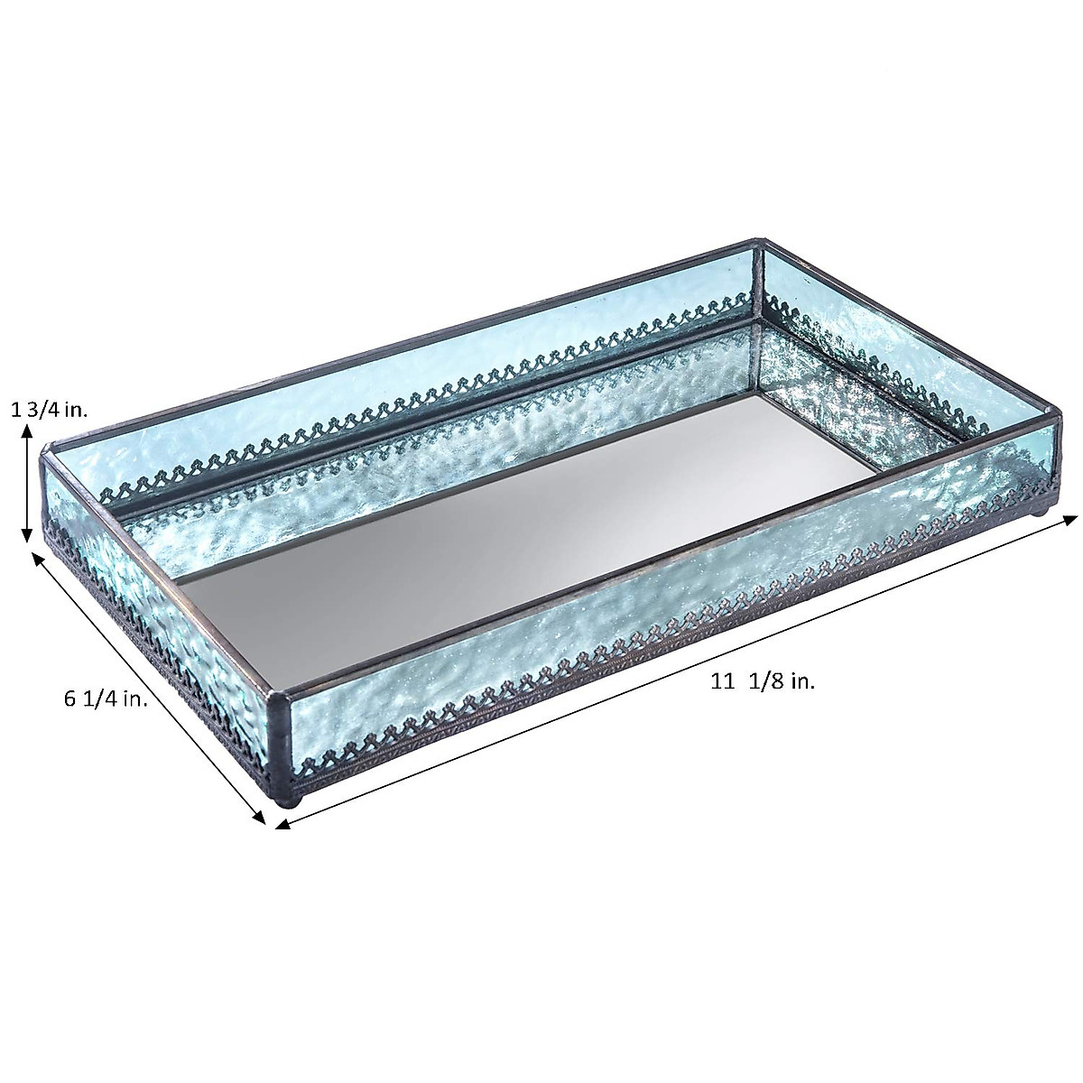 Turquoise Blue Glass Tray Mirrored Bottom Decorative Bathroom Vanity Cosmetic Makeup Organizer Jewelry Display Perfume Holder Dresser Home Décor Candle Tray Gift for Woman J Devlin Tra 126