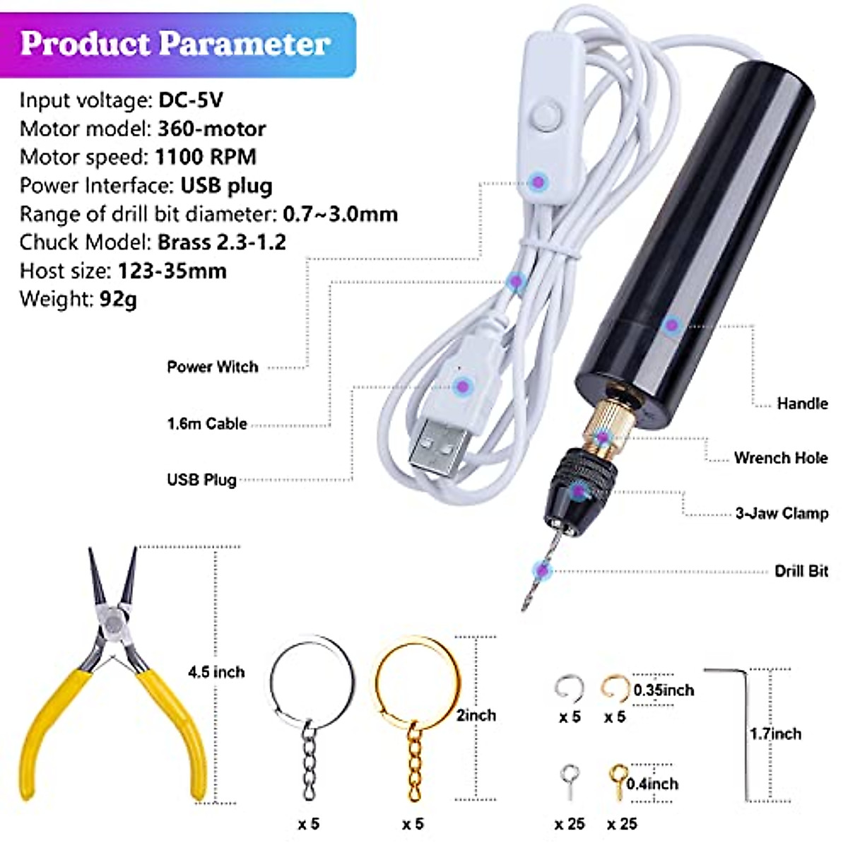LET'S RESIN Electric Resin Drill, 74Pcs Hand Drill Resin Supplies with 3-Jaw Clamp-Applicable to A Larger Drilling Range (0-3mm), Grip Nose Pliers, Keychain Making Kit, Resin Tools for Resin Art