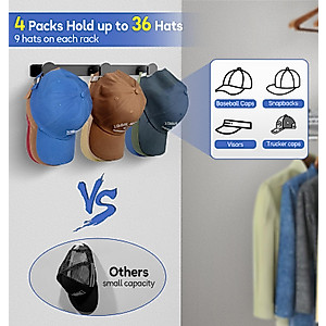 KIMBORA 4 Packs Hat Rack for Wall, Hat Organizer for Baseball Caps Holds 36 Hats, 3 Mounting Options Hat Hook Hanger, Strong Baseball Hat Holder Storage, Hat Display for Door, Room, Closet (Black)