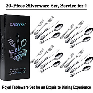 CADYSS Luxurious 20 Piece Silverware Set for 4 - Cutlery Set, Flatware Set - Includes Knife, Fork, and Spoon - High-End 18/10 Stainless Steel - Royal Tableware Set for an Exquisite Dining Experience