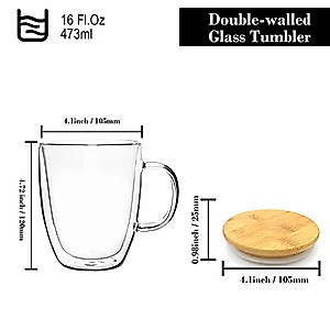 ZHMTang Glass Coffee Mug Double-walled Borosilicate Glass Cup for Hot or Iced Coffee, Milk, Tea (16 Oz Bamboo Lid)