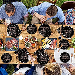 96 Pcs Black Rose Gold Birthday Tableware Set Rose Gold Dinnerware Party Supplies Black Rose Gold Dots Confetti Plates Napkins Happy Birthday Party Decorations for Woman Girls Tableware Kit 24 Guests