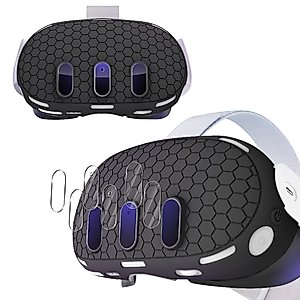 Orzero Soft Silicone Headset Cover Compatible for Quest 3, with 2 Sets 6 Packs Tempered Glass Camera Lens Protector Anti-Drop Strong Protection VR Gaming Accessories - Black