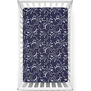 Royal Blue Themed Fitted Mini Crib Sheets,Portable Mini Crib Sheets Soft and Breathable Bed Sheets-Baby Sheet for Boys Girls,24“ x38“,Indigo White