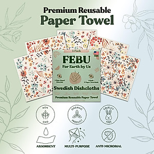 FEBU Swedish Dishcloths for Kitchen | 5 Pack Watercolor Reusable Paper Towels Washable | Swedish Dish Towels | Non-Scratch Cellulose Sponge Cloths | No Odor, Biodegradable Cleaning Cloths