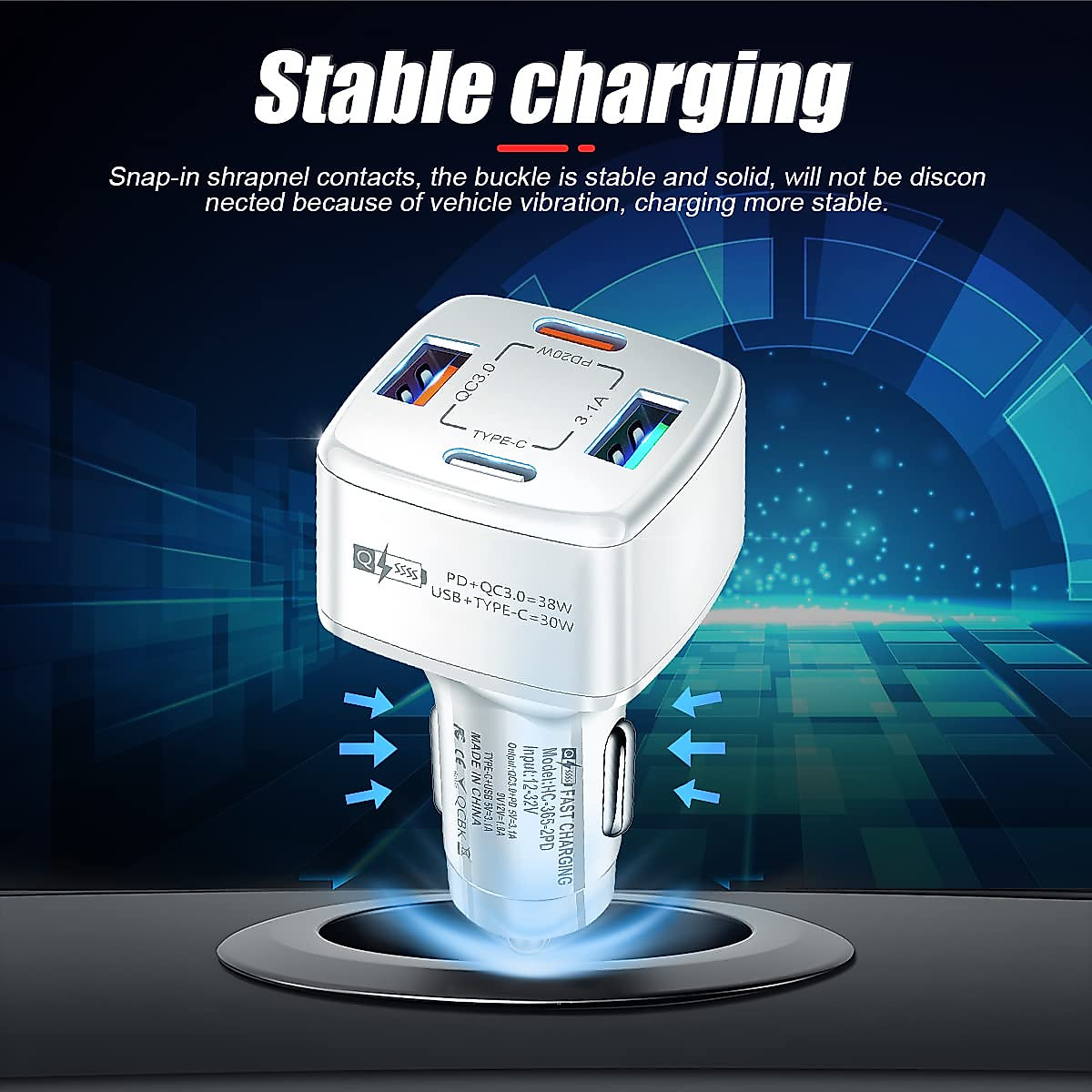 Car Charger Adapter, 4 Ports 2 USB Fast Car Phone Charger, 38W PD Type-C QC3.0, Multi-Port Smart Quick Charger with LED Light, Compatible with iPhone 13 12 11 Pro Max, Galaxy and More (White-4/1PCS)