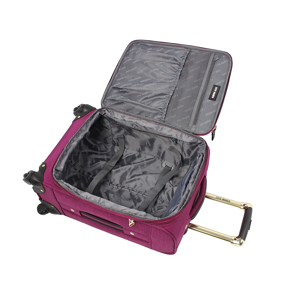 Steve Madden Designer Luggage Collection - Lightweight Softside Expandable Suitcase for Men & Women - Durable 20 Inch Carry On Bag with 4-Rolling Spinner Wheels (Peek-A-Boo Purple)