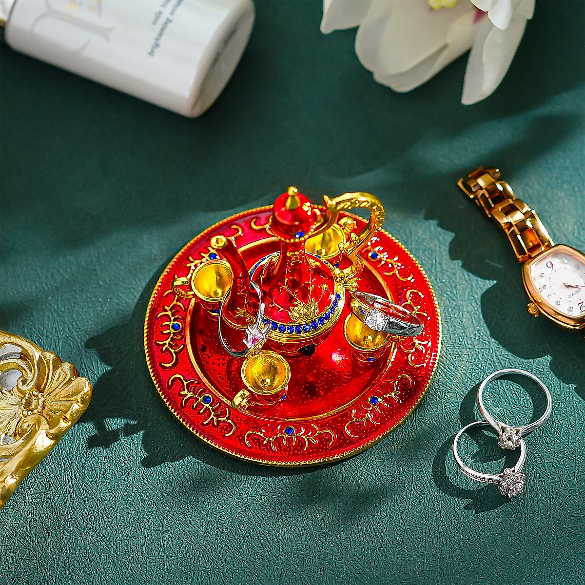 YU FENG Moroccan Teapot Set Jewelry Trinket Box Hinged Hand Painted Enamel Treasured Trinkets Collectable Jewellery Box Ring Holder For Home Decor Gift,3inch