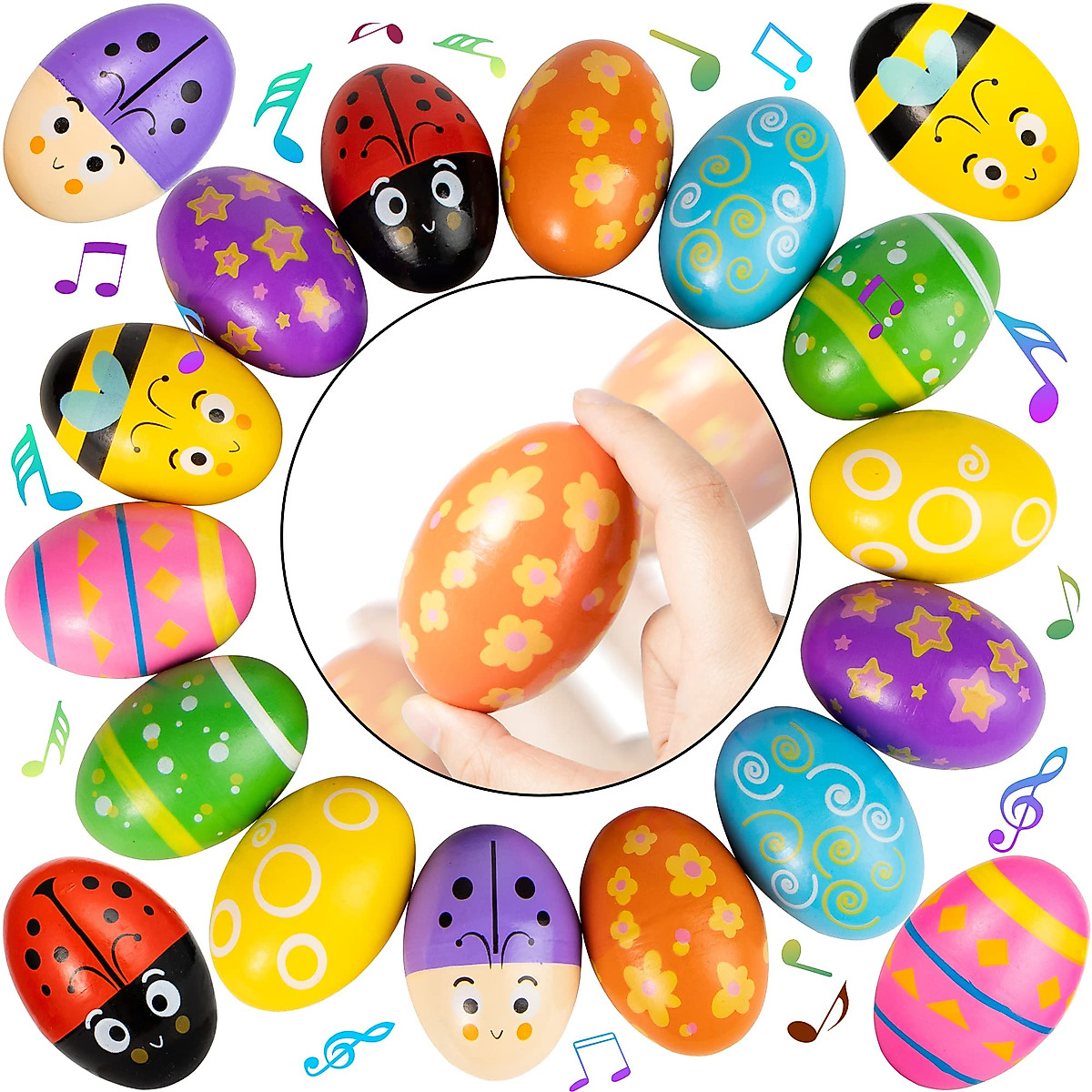 JOYIN 18 PCS Easter Wooden Percussion Musical Egg Maracas Egg Shakers for Party Favors, Easter Egg Hunt, Easter Egg Maracas, Musical Instrument Props, Basket Stuffers Fillers