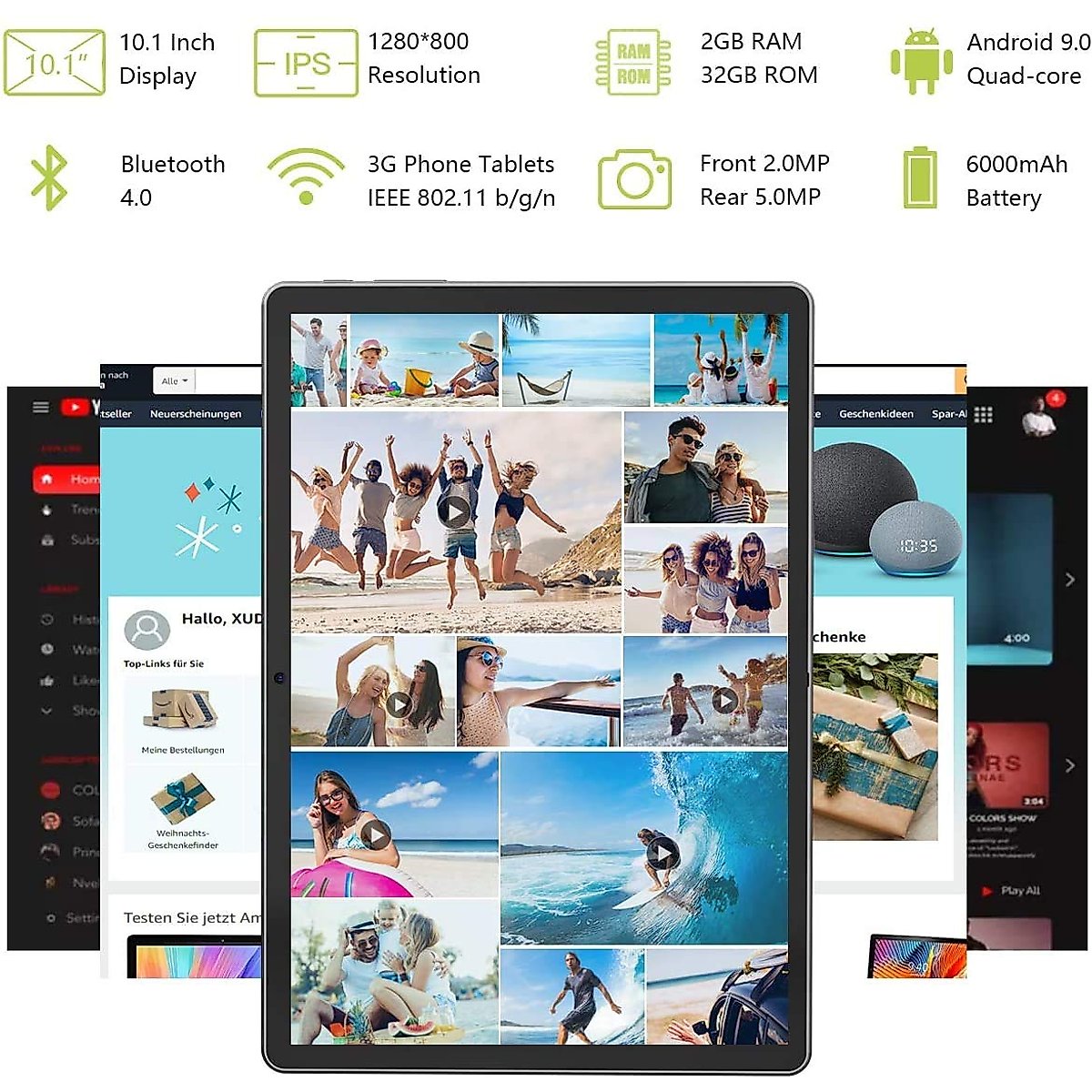 Tablet 10 Inch, Dual SIM Solt Android 9.0 Quad Core Processor Tablets, 32GB ROM 6000mAh Battery HD Tablet, Support 128GB Memory Storage Expand, WiFi, Bluetooth, GPS