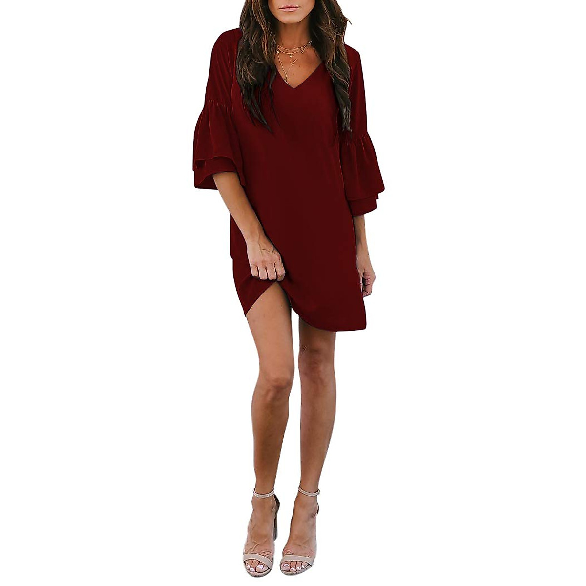 BELONGSCI Women's 2023 Summer Dress Sweet & Cute V-Neck Bell Sleeve Shift Dress Mini Dress, Perfect for Wedding or Graduation