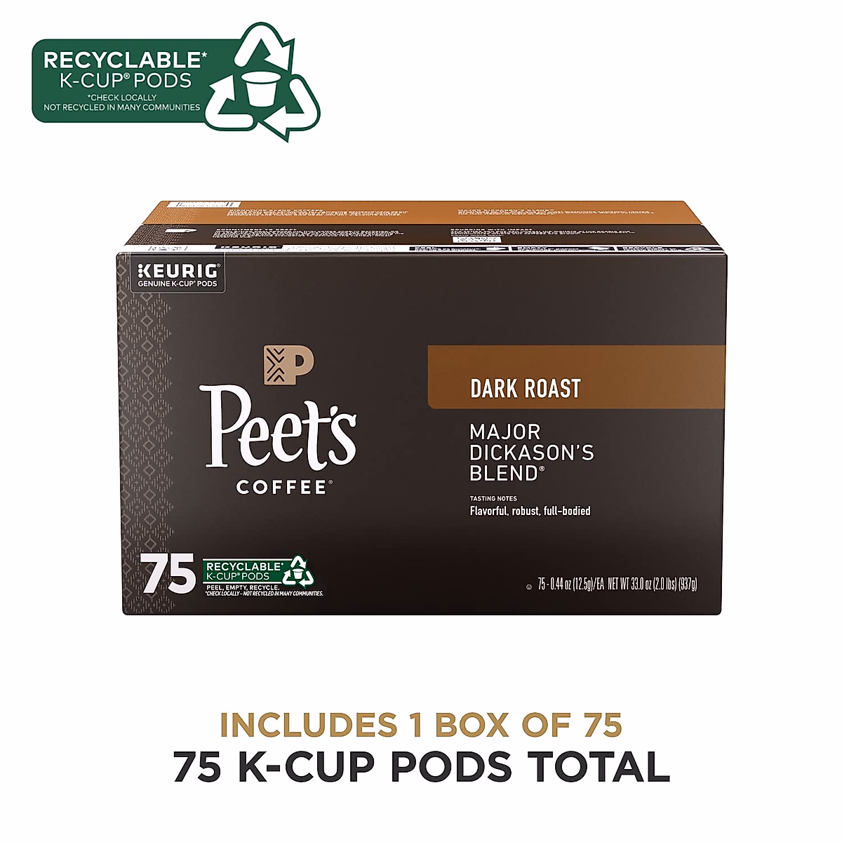 Peet's Coffee, Dark Roast K-Cup Pods for Keurig Brewers - Major Dickason's Blend 75 Count (1 Box of 75 K-Cup Pods) Packaging May Vary