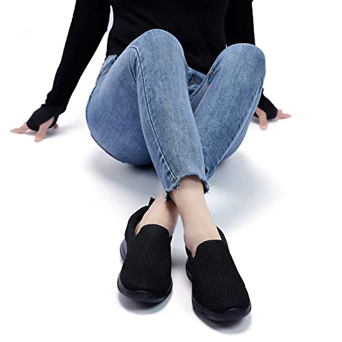 Womens Walking Shoes Breathable Mesh Loafers Lightweight Slip-on Sneakers Non Slip Casual Shoes, All Black, Size 8