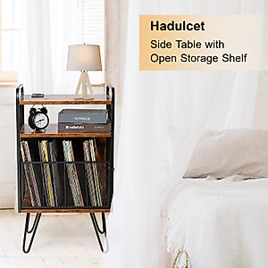 Hadulcet 3 Tier End Table, Record Player Stand with USB Ports and Outlets, Turntable Stand for Vinyl Storage with 3 Dividers, Industrial Side Table for Living Room Bedroom, Rustic Brown