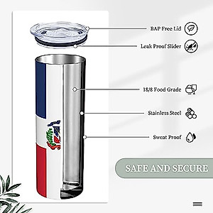 Stainless Steel Skinny Tumbler Dominican Republic Flag Travel Cup 20 Oz Double Wall Slim Insulated Coffee Mug With Splash Proof Lid & Straw & Cleaning Brush For Home Office