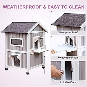 HiCaptain Outdoor Cat House, Wooden Feral Cat Shelter Weatherproof Outside 2 Story Large Kitty House with Escape Door